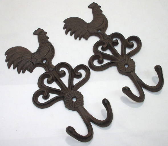 2 C.i. Rooster Wall Hooks