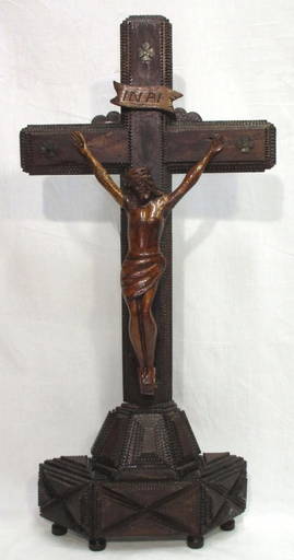 Tramp Art Crucifix W/ Hand Carved Jesus
