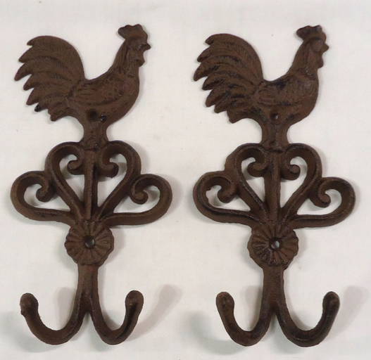 2 Cast Iron Rooster Wall Racks