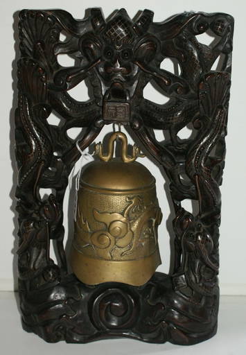 Chinese Temple Bell In Carved Wood Frame With Inla