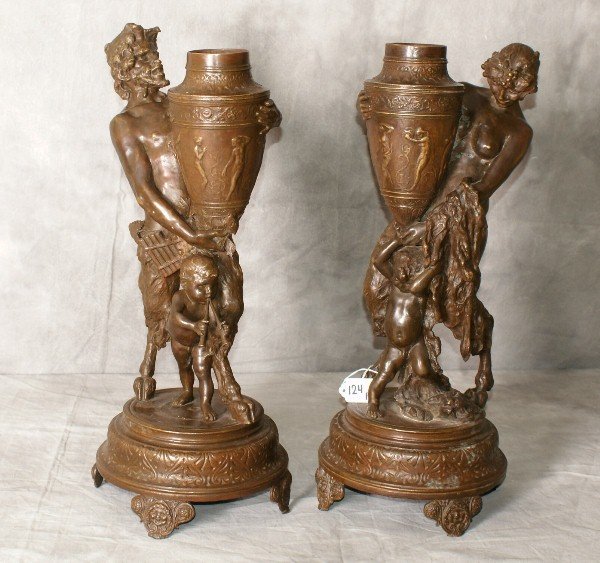 Pr 19th C French Bronze Satyr And Nymph Statues