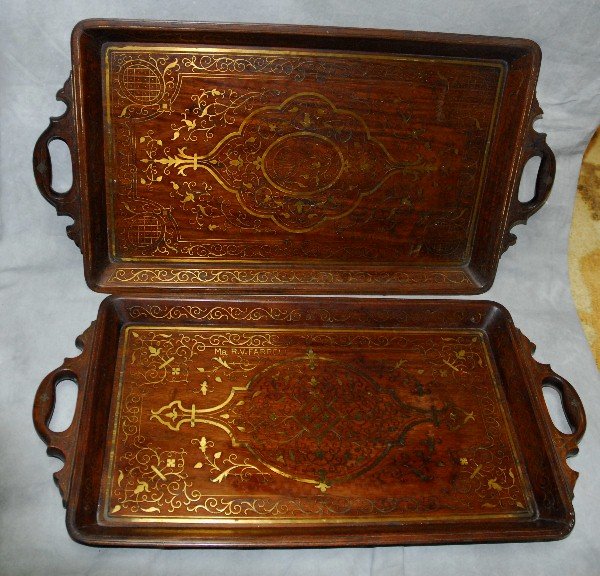 2 India Brass Inlaid Wood Trays , Signed