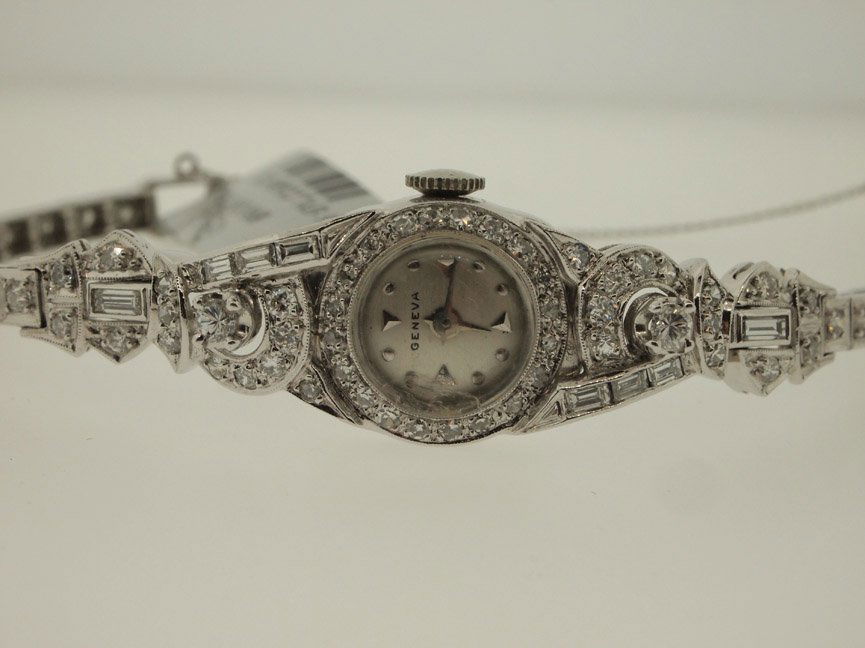 Geneva Ladies Platinum Vintage Diamond Watch.