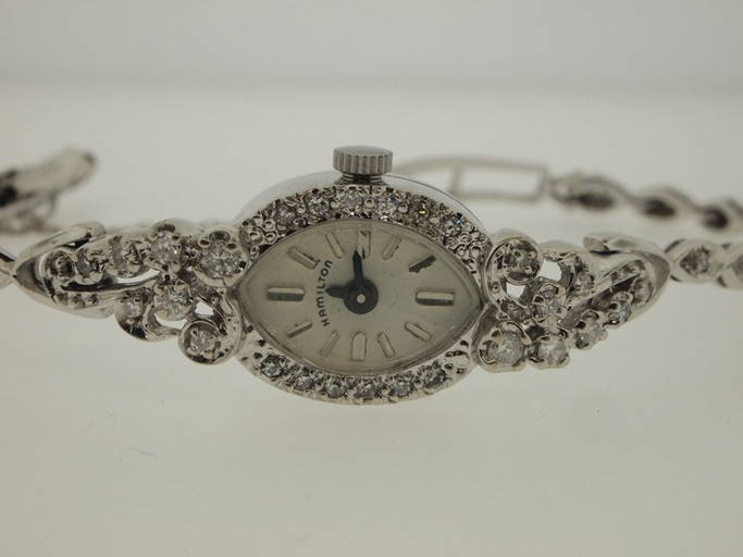 Hamilton Ladies 14k Wg Vintage Diamond Watch.