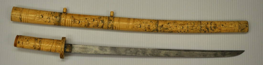 Japanese Carved Ivory Katana Sword. Length: 29"