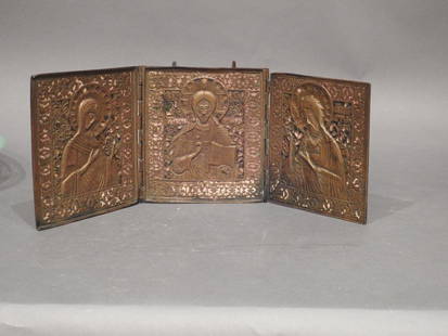 Antique Imperial Russian Bronze Enamel Orthodox Triptich Icon