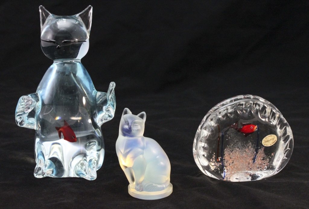 (2) Murano Aquarium Blocks & Sabino Art Glass Cat