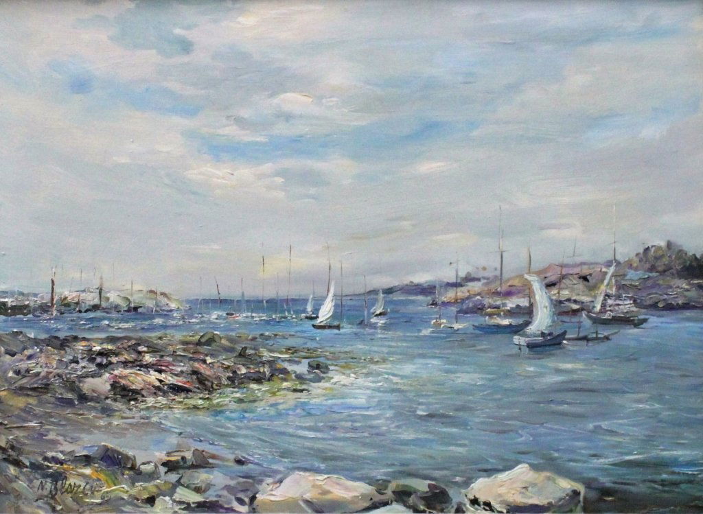 Nikola Blazev Oil On Masonite Sailboats In The Bay