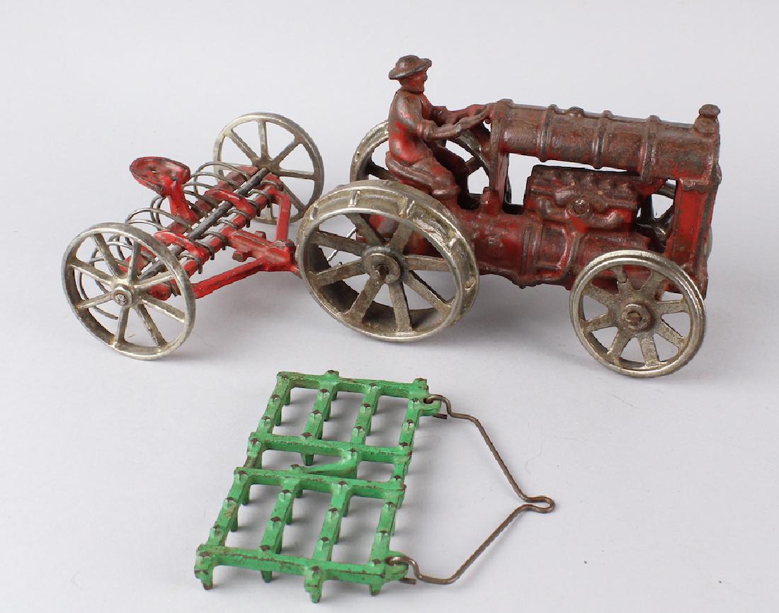 Arcade Cast Iron Tractor, Hay Rake,& Harrow