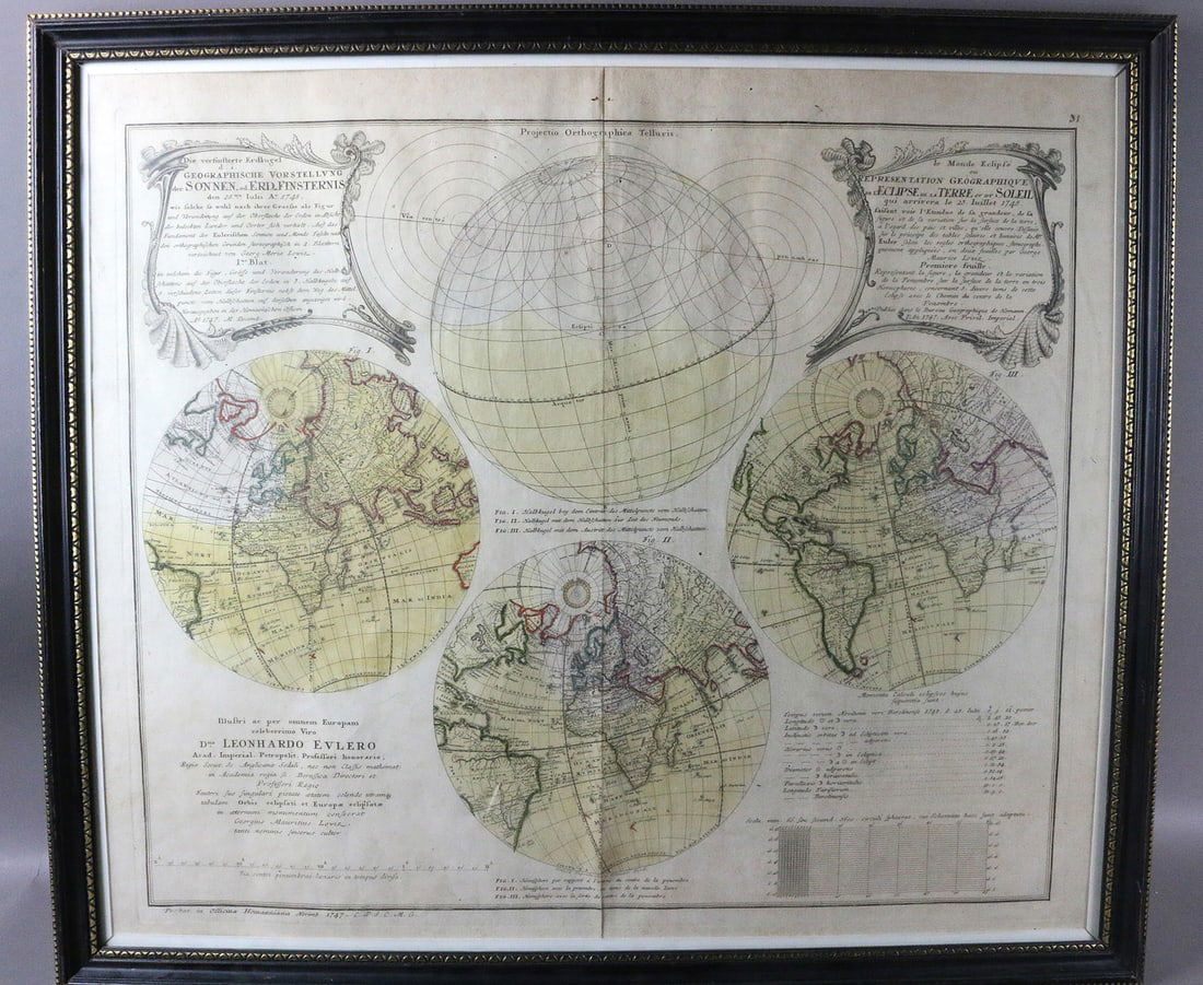1747 Leonhard Euler Map Of The World With Earth Eclipse & Solar Auction