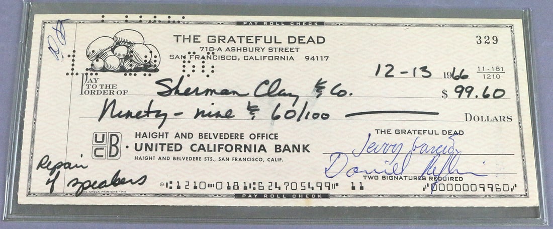 1966 Jerry Garcia Signed Grateful Dead Check