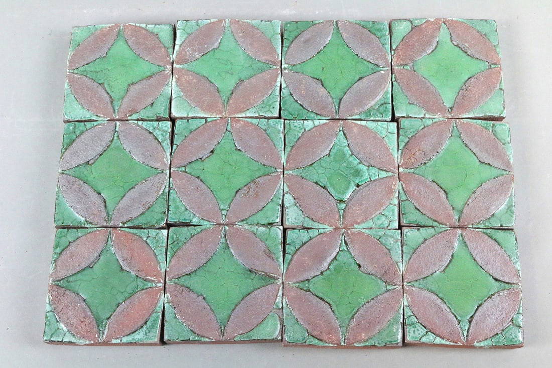 Grueby Green On Rust 3x3 Tile Lot Auction