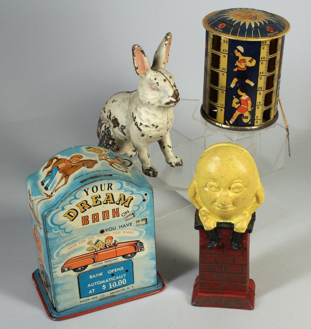 Still Bank Lot Tin & Cast Iron Humpty Dumpty & Rabbit