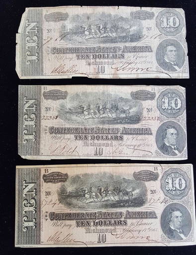 Three Confederate 10 Dollar Bills