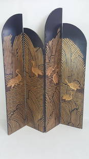 Art Deco Style Four Panel Wood Crane Screen