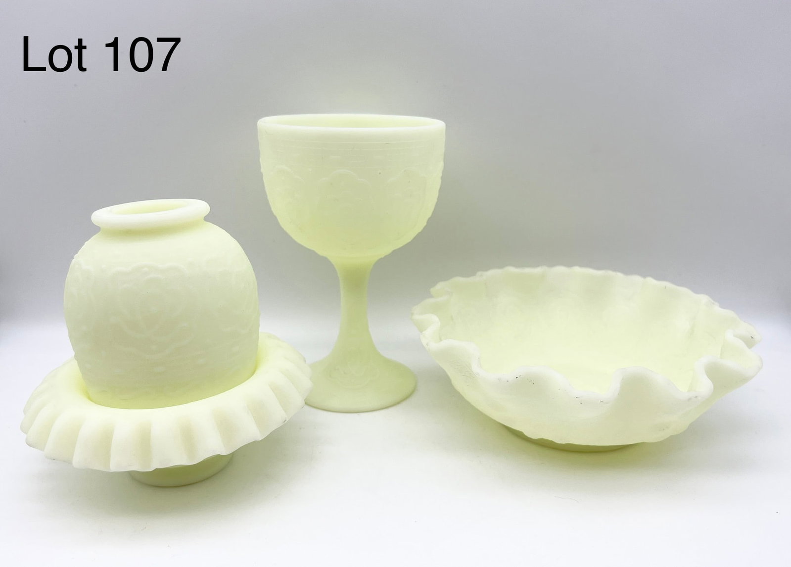 Collection Of Fenton Custard Satin Glass In Persian Medallion Pattern