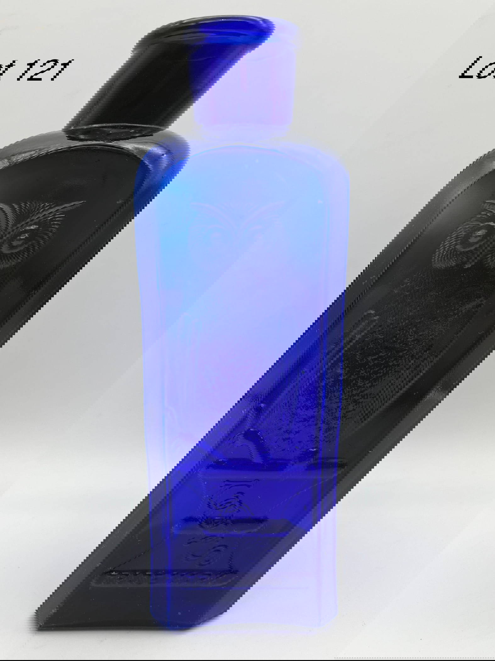 Antique Cobalt Blue Owl Drug Co. Glass Bottle Auction