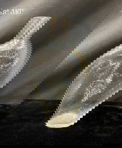 Antique Clear Glass Flask With Horse And Grape Motif