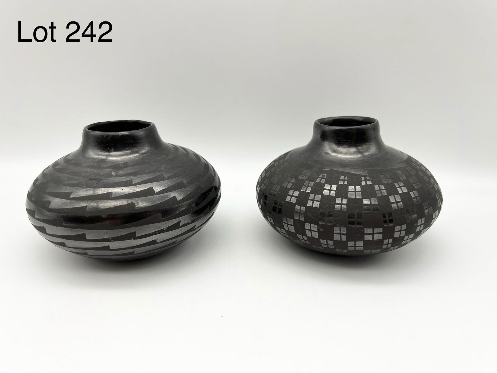 A Pair Of Small Signed Mata Ortiz Pottery Black On Black Jars By Artist ...