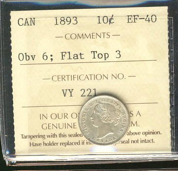 1893 10¢ Flat Top 3 Obv 6 Iccs Ef40.