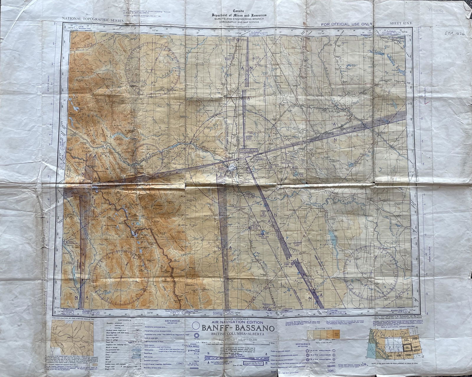 Vintage Map; 1943 Banff Bassano Navigation Chart Used By Members Of The ...
