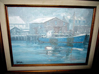 John A.luini New England Harbor Scene Oil Painting