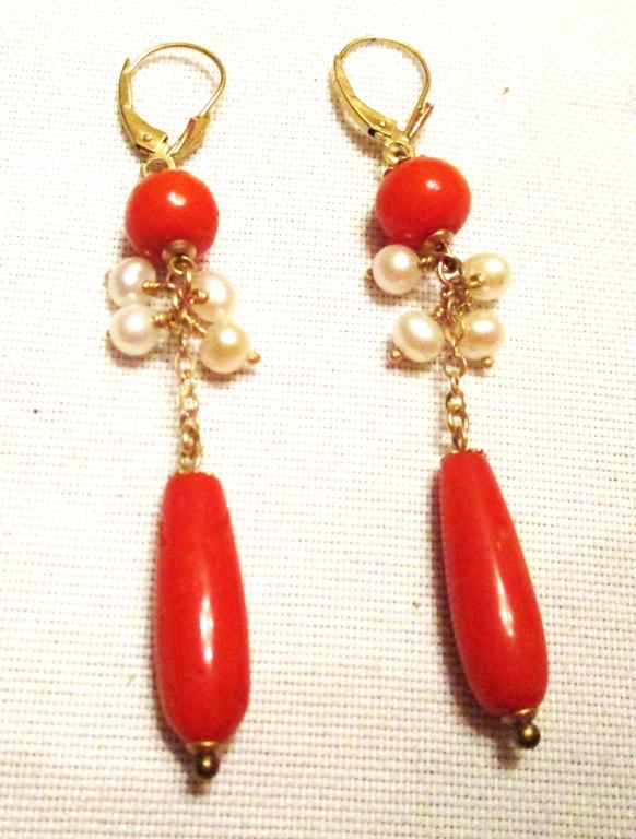 Pair Of 14k Gold, Coral & Pearl Earrings Auction