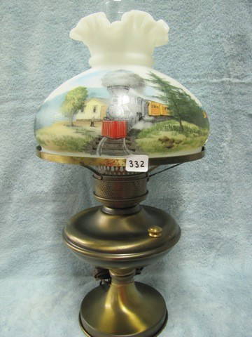 Fenton 20" Hp Lamp W/train Depot Scene Signed Dick
