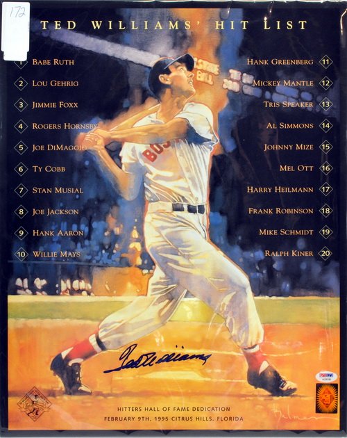 Ted Williams Signed Hit List Poster Psa Dna