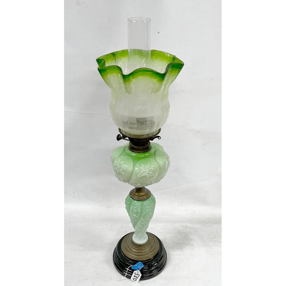 Green To Clear Slag Glass Oil Lamp, Shade Is Green