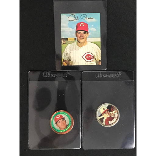 Three Pete Rose Vintage Cards/coins