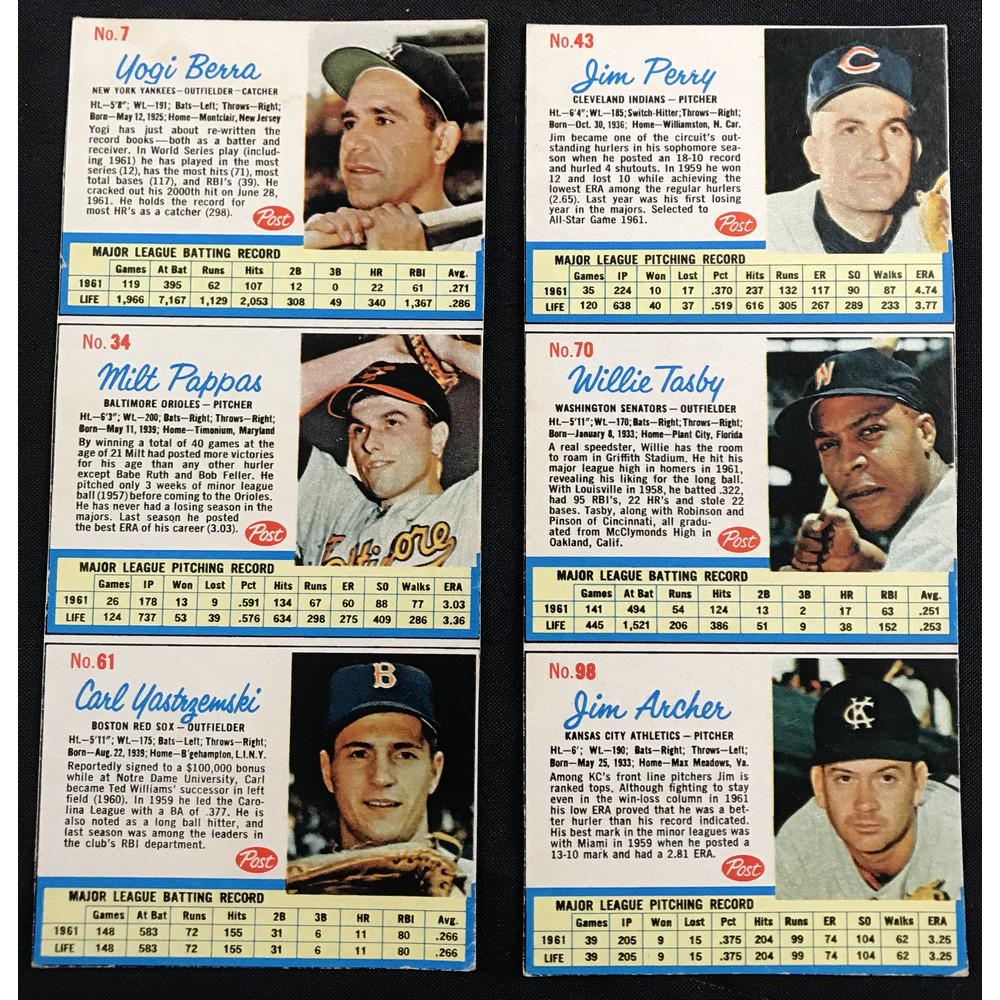 6 Uncut 1962 Post Cereal Baseball Cards