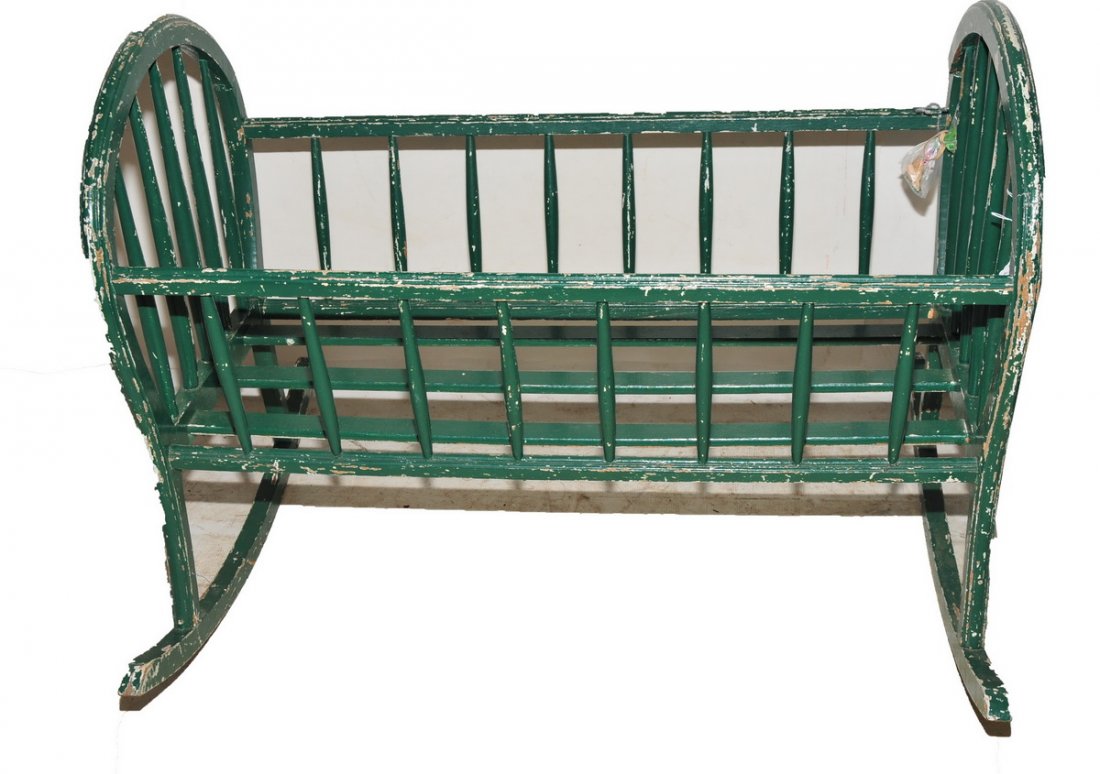 Hand Painted Baby Cradle In Old Green Paint 36"