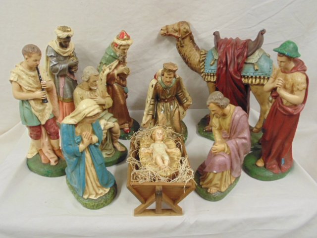 Vintage German Christmas Nativity set, painted plaster,