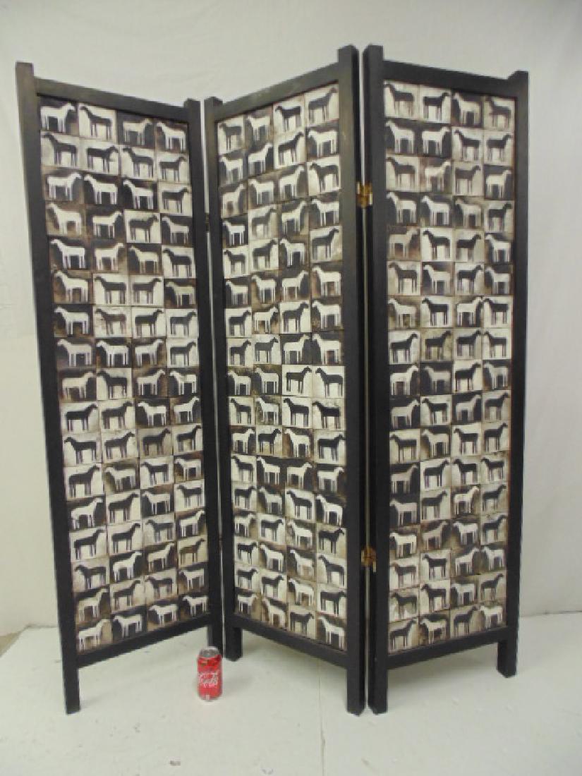 3 panel 'outsider art' screen, decorated with small