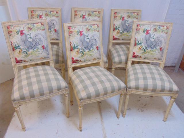 Set 6 French Dining Chairs With Rooster Upholstery,