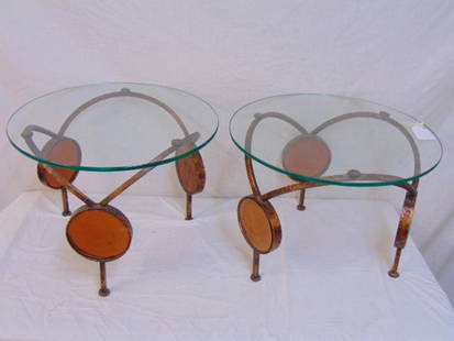 Pair Glass Top Tables With Glass Base