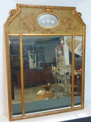 Large Gilt Mirror, Three Panel With Decorative Oval Etched Glass Insert ...