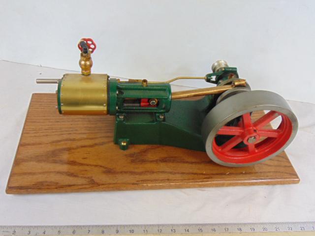 Large steam engine piston drive with flywheel, on oak base, brass ...