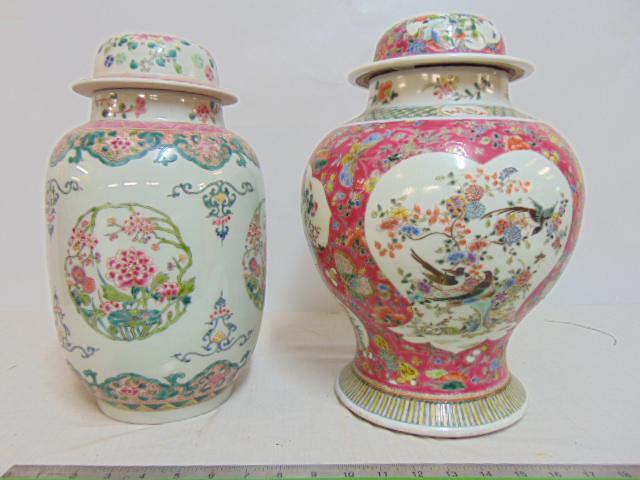 Two Chinese ginger jar vases, floral decorated, both lamped, lids glued ...