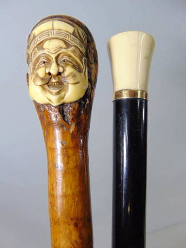2 walking canes, one Chinese, ebony cane with 14k ring & monogrammed ...