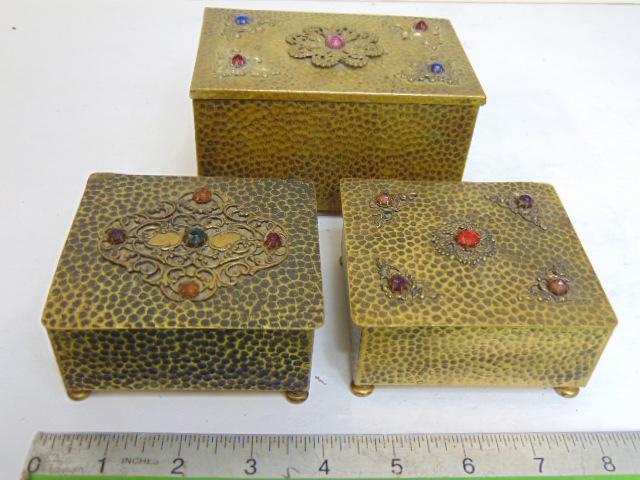 3 Vintage Hammered Brass Jeweled Trinket Boxes, In Arts & Crafts Style ...