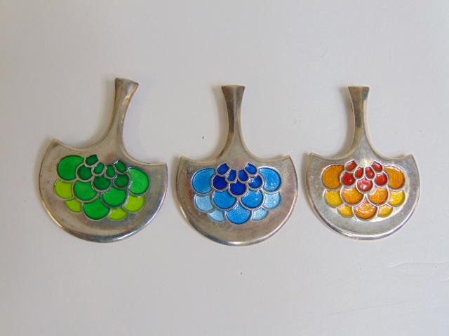 Jewelry. (3) David Andersen sterling enamel Vintage pendants; one ...