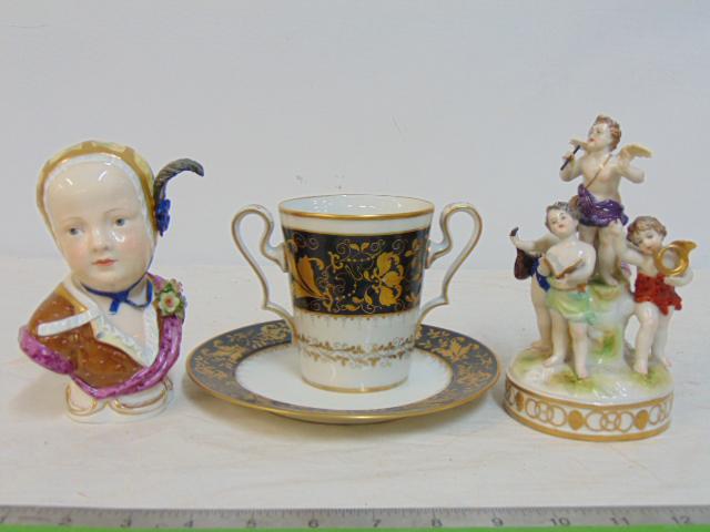 3 Porcelain Figures, Cup & Saucer, Includes A Meissen Bust Of A Young ...