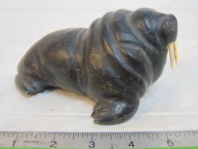 Inuit Carved Stone Walrus, Signed Echalook (lucassie), Bone Teeth, In ...