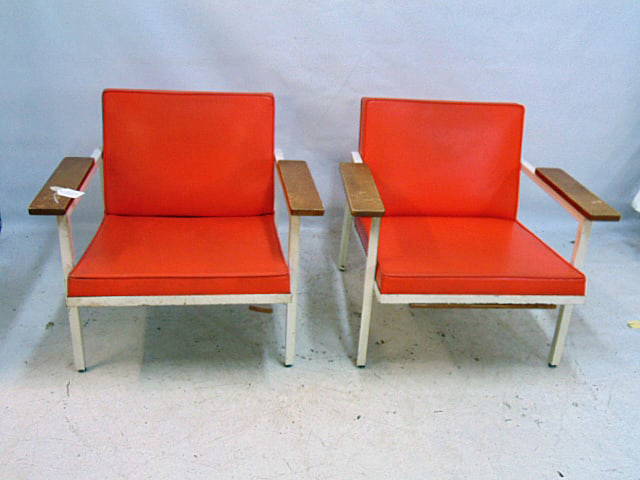 Pair Steel Framed Mid Century Chairs With Orange Vinyl Seat & Back ...