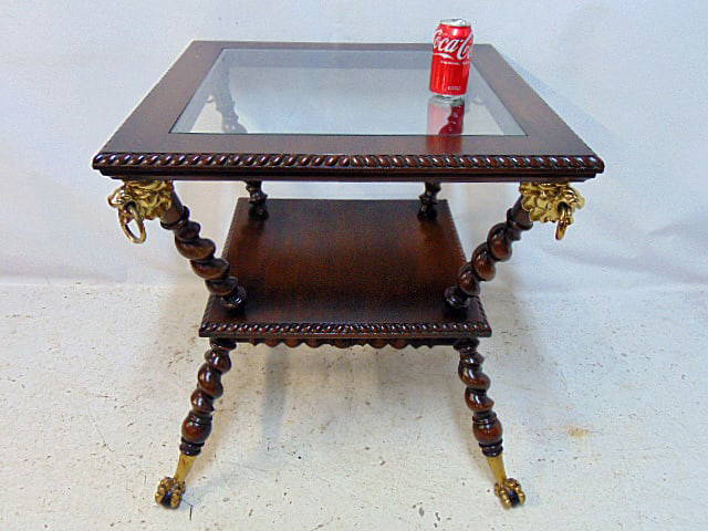 Hunzinger Style Spiral Leg Table With Glass Top, Brass Lion Decoration ...
