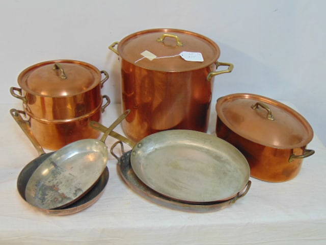 Lot Copper Cookware, Pots, Includes Double Boiler, Large Copper Pot ...