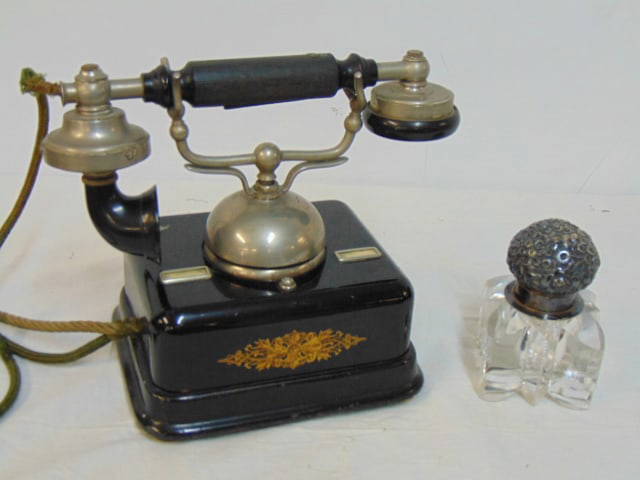 Antique Telephone & Silver (?) Lidded Glass Inkwell, Telephone By ...