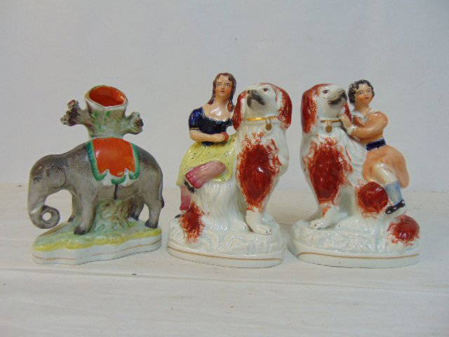 3 Staffordshire Figurines, Incl. Pair Of Boy & Girl Riding Saint ...